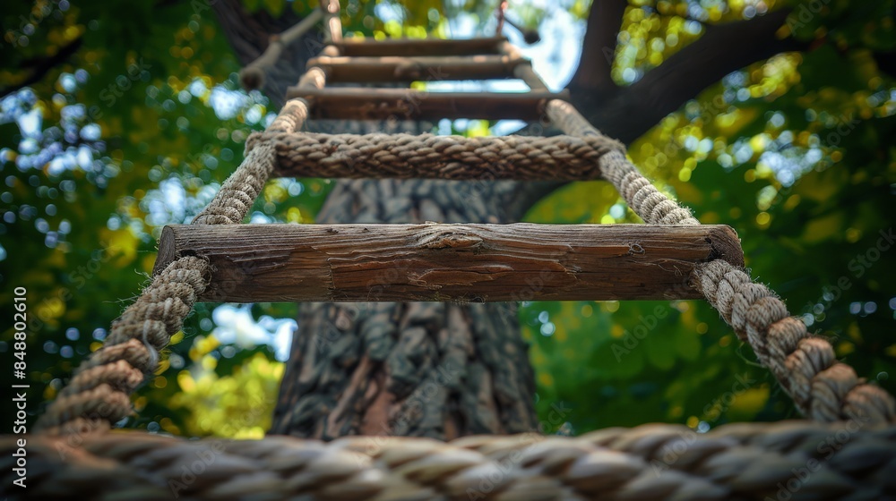 rope ladder dangling from a treehouse platform, blank background ...