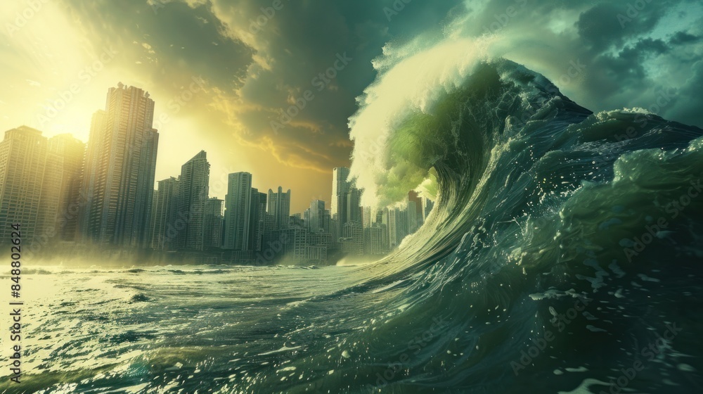 Tsunami Wave Approaching City Skyline. Disaster Concept. Large tsunami ...