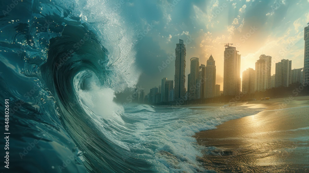Tsunami Wave Approaching City Skyline. Disaster Concept. Large tsunami ...
