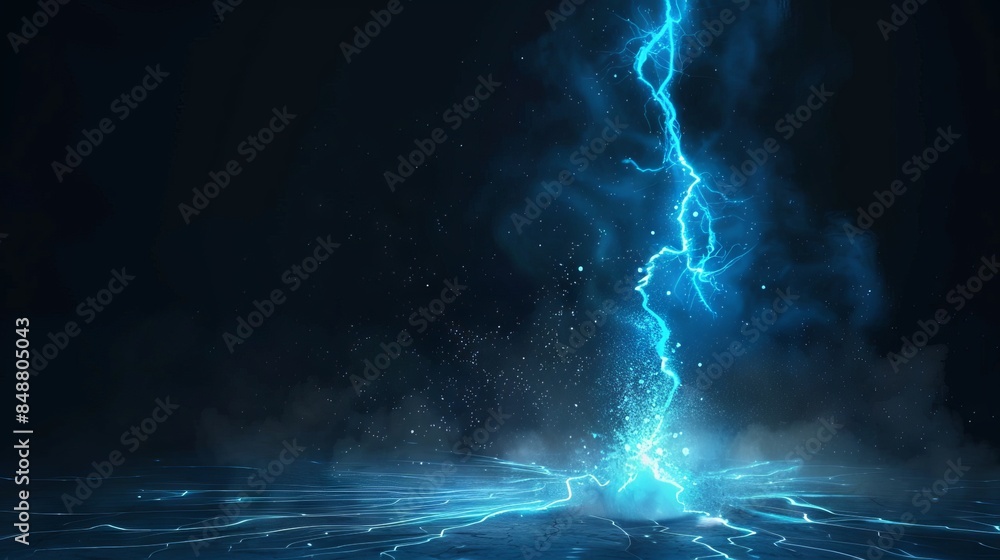 VFX effect of a lightning bolt striking the ground. Blue electric or ...