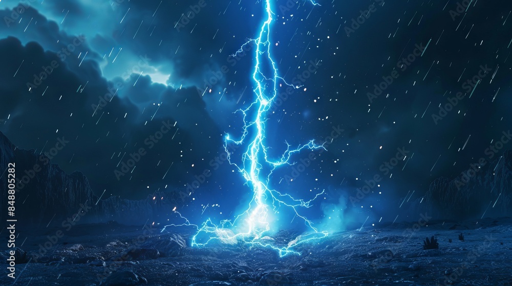 VFX effect of a lightning bolt striking the ground. Blue electric or ...