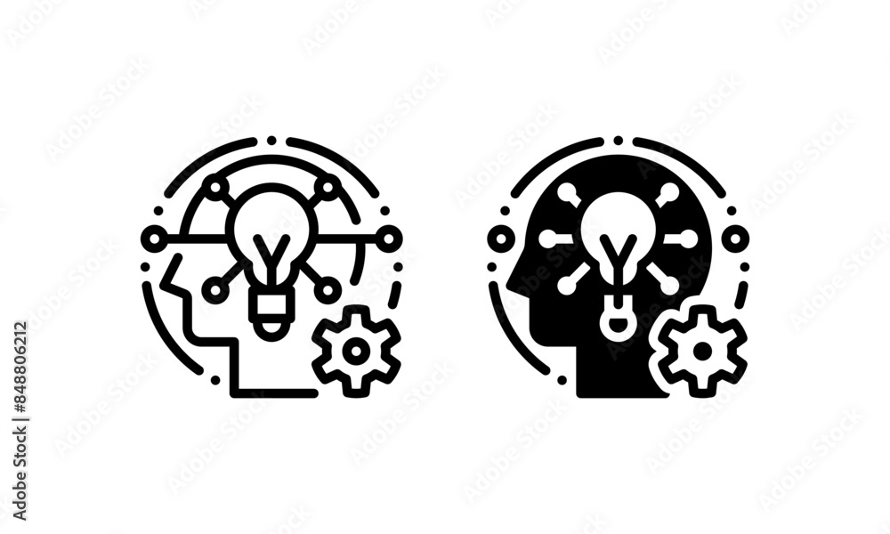 Lateral Thinking icon, represented with head, Lights and gears. icons ...