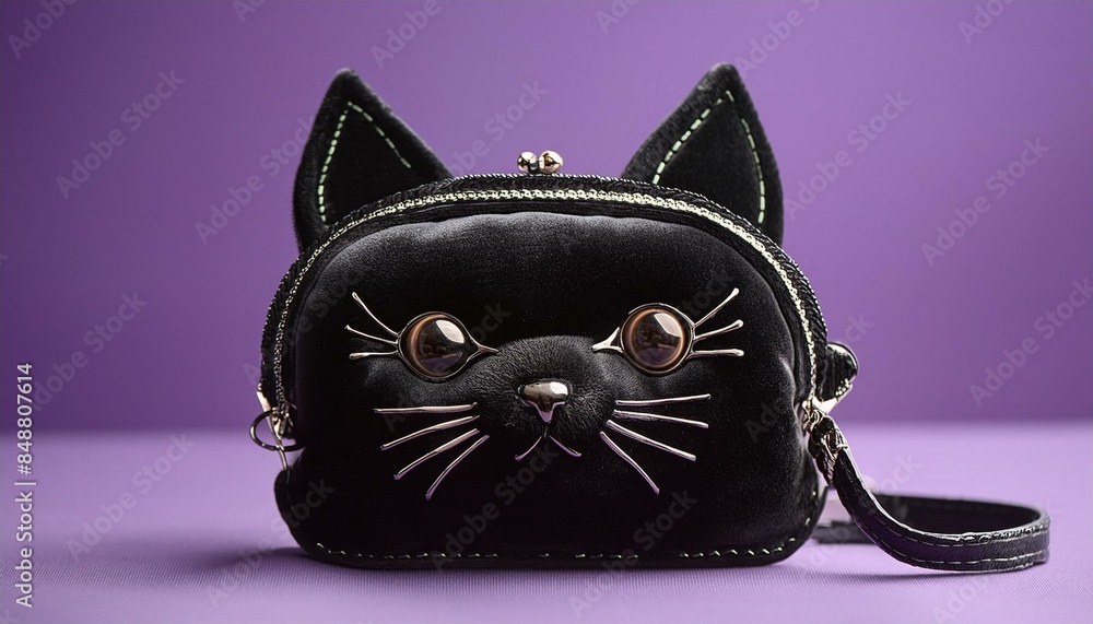 A whimsical purse shaped like a cat's face, with embroidered features ...