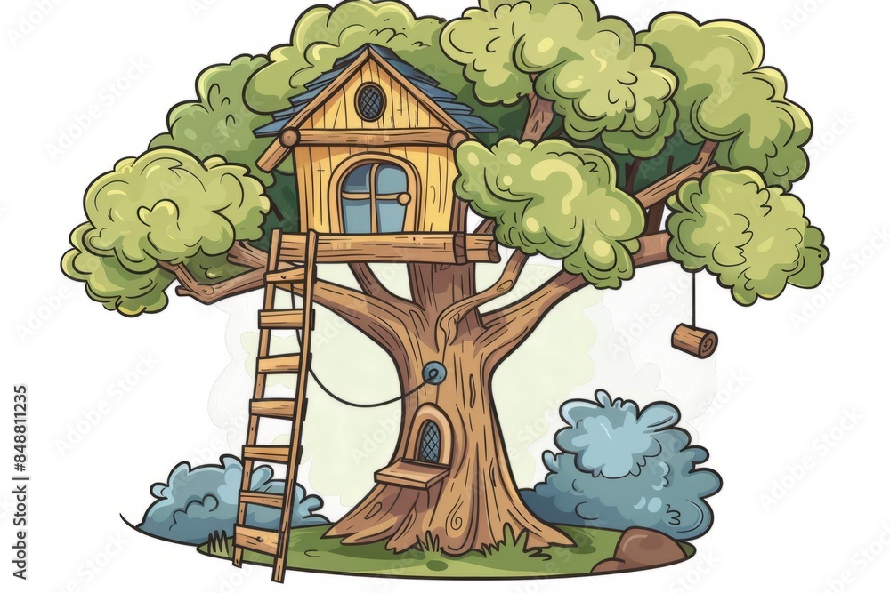 Cartoon cute doodles of a childhood treehouse with a rope ladder and ...
