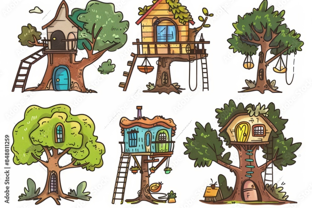 Cartoon cute doodles of a childhood treehouse with a rope ladder and ...