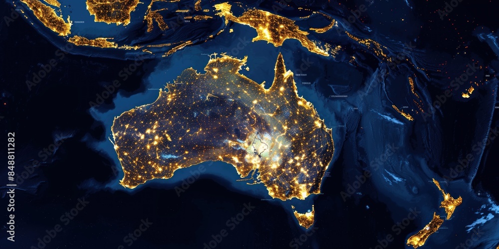 Satellite view of Earth at night showing illuminated cities in ...