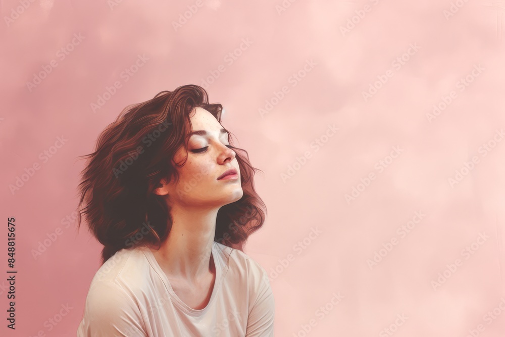 Sad woman, feeling lost, on a pastel dusty pink background Stock ...
