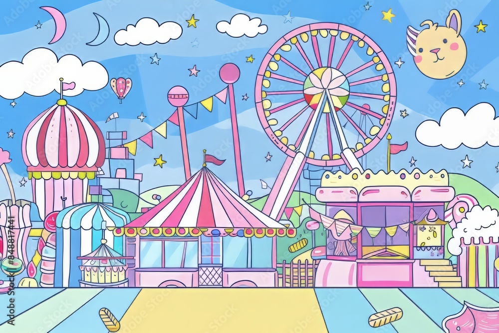 Cartoon cute doodles of a summer fair with a Ferris wheel, cotton candy ...