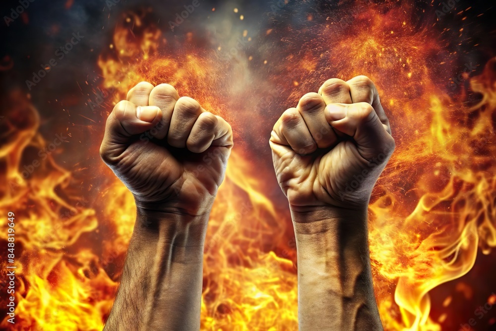 hand fist on flame burning background. Protest and rebel concept Stock ...