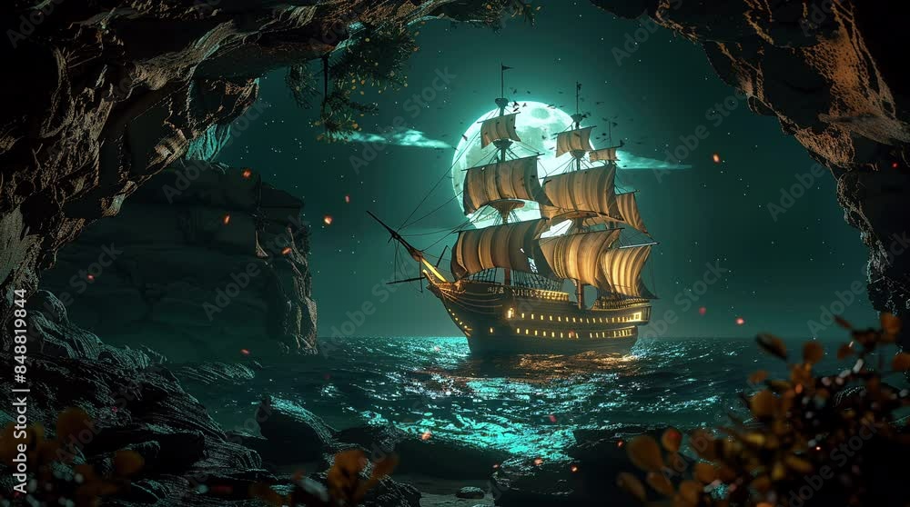 Majestic glowing ship sailing on the ocean under a starry night sky ...