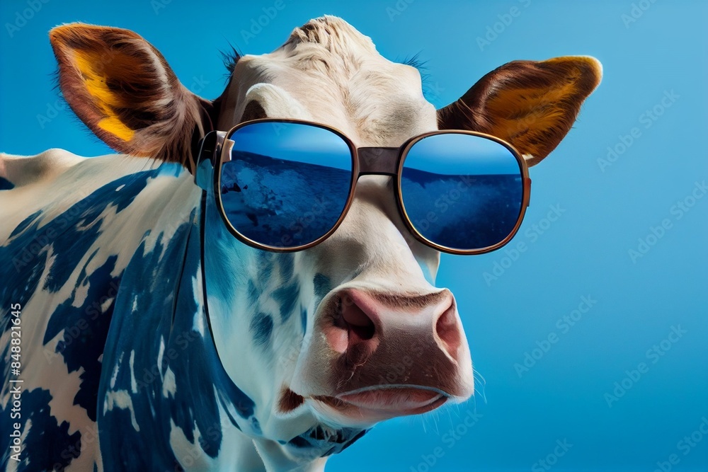 Funny cow with sunglasses in front of blue studio background Stock ...