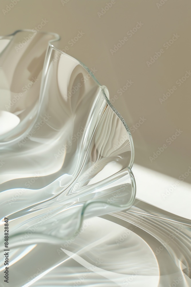 Macro, 3d, glass floating flat organic forms, shapeless, close-up ...