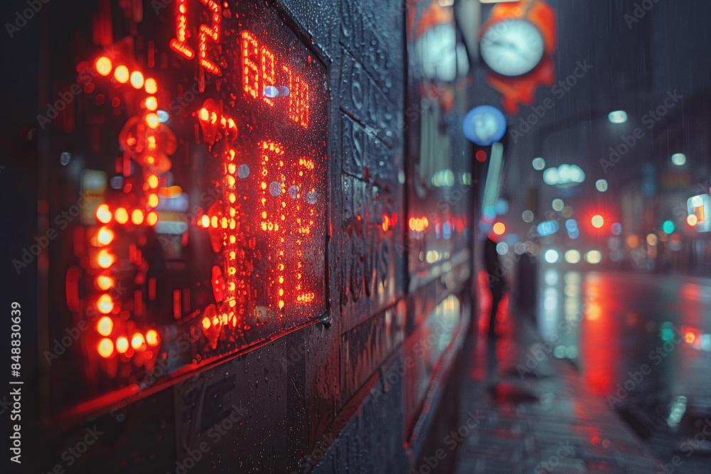 Timetable board with big blurry red numbers in rainy weather. Generated ...