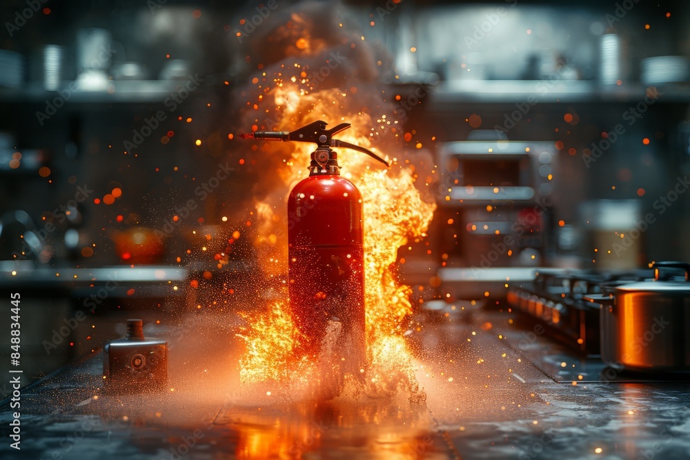 The image captures a dramatic scene of a fire extinguisher engulfed in ...
