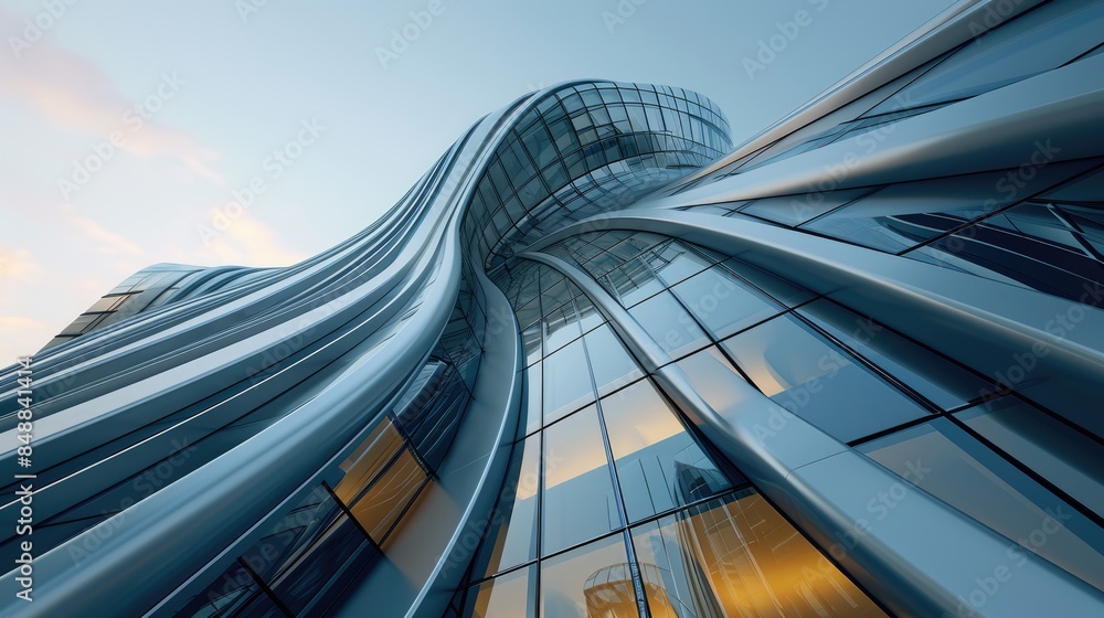 The highrise curved reflective architecture under the brightest clear ...