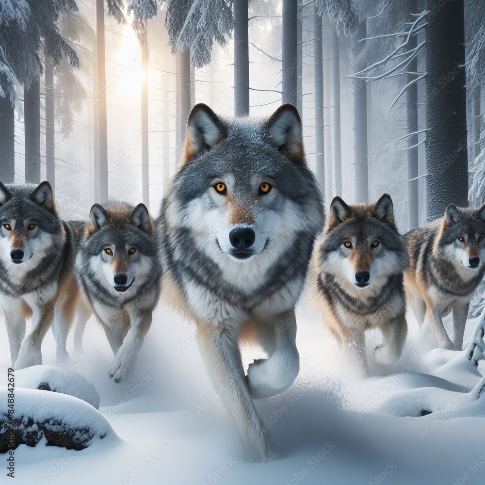 An awe-inspiring pack of wolves running through a snowy forest at ...