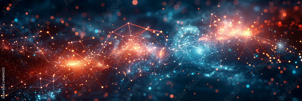 Dynamic light network with connecting nodes and glowing particles ...