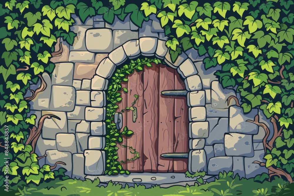Cartoon cute doodles of a hidden door in a castle wall covered with ivy ...