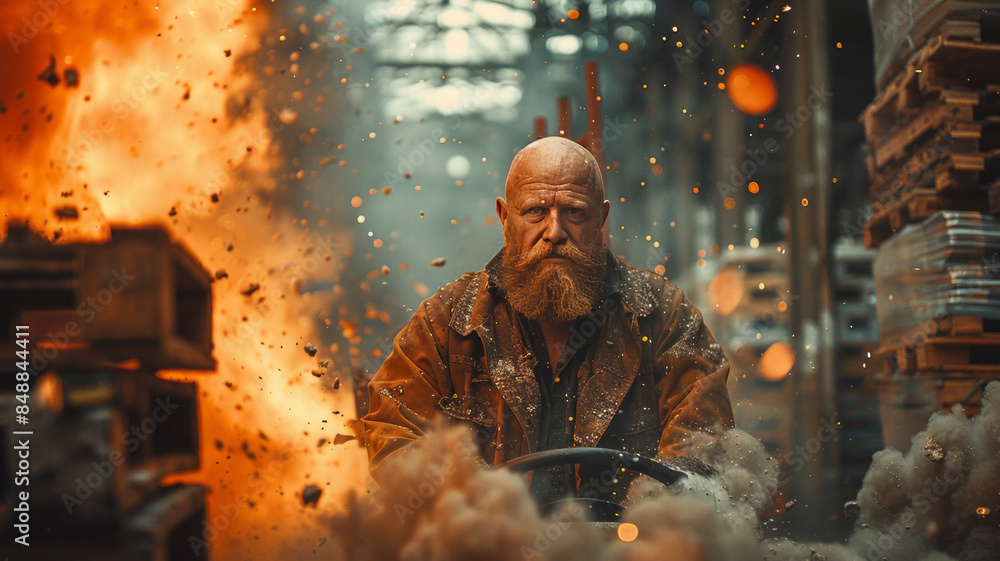 Overweight man with neckbeard falls from a forklift truck into a stack ...