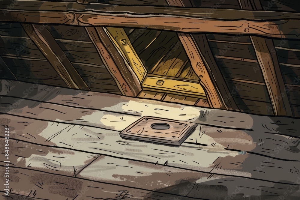 Cartoon cute doodles of a secret hatch in the floor of an old attic ...