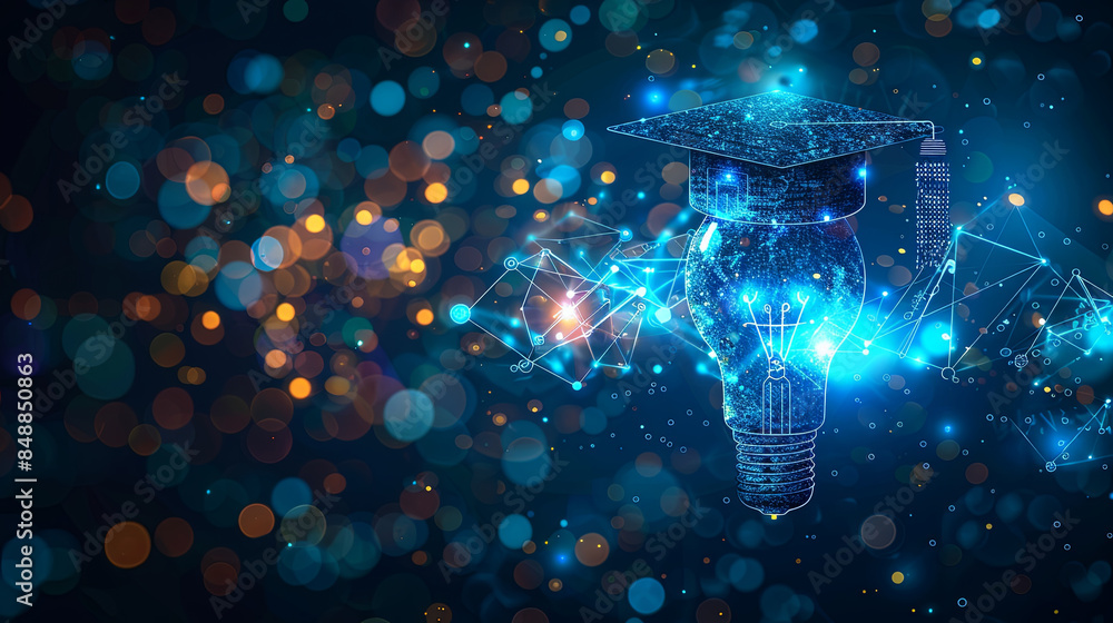 Abstract Light Bulb with Graduation Hat and Digital Connections on Dark ...