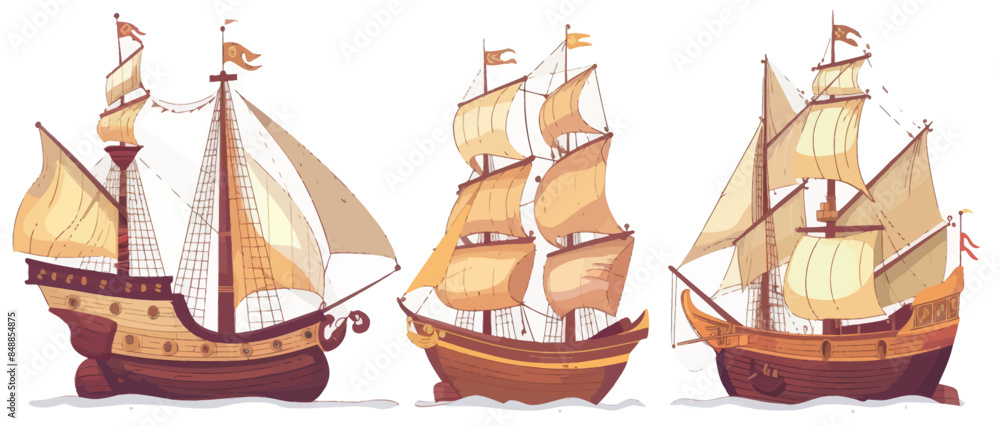 Wooden ships with wooden masts and sails. Cartoon sailing ship, wind ...