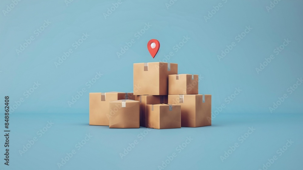 Stack of cardboard boxes with location pin on top. Conceptual image of ...