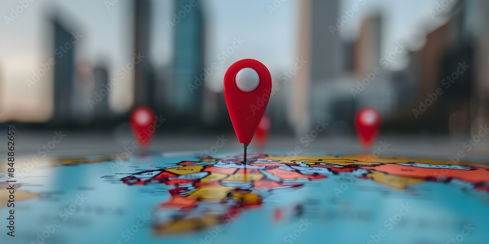 Bright red markers accentuate worldwide locations on a digital map ...