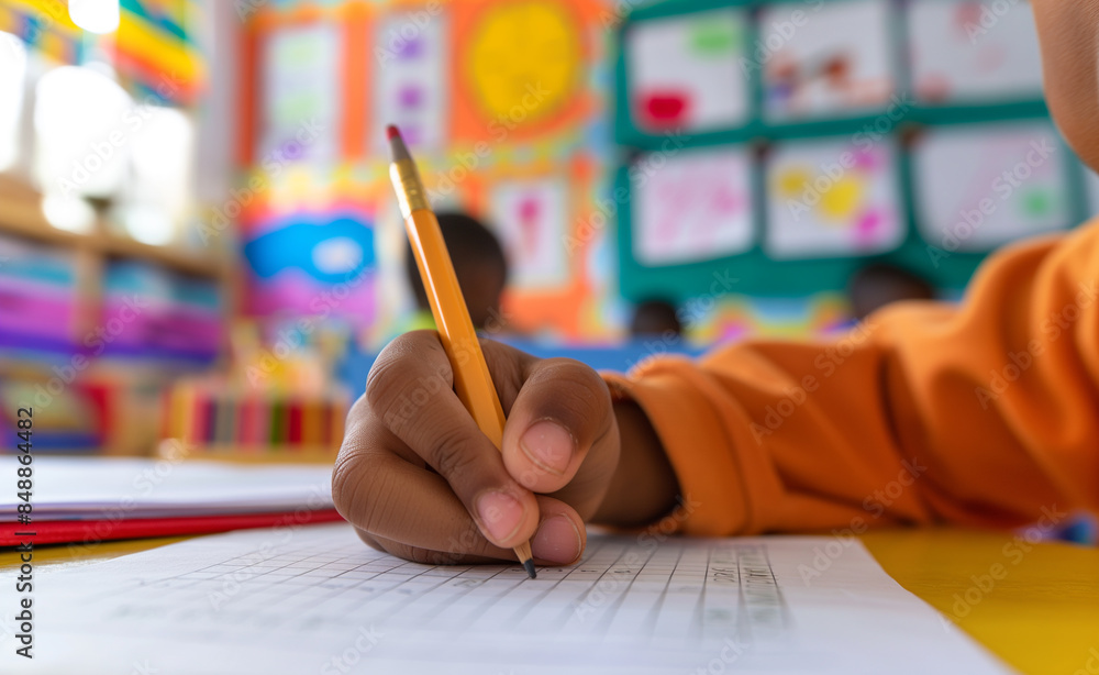 Child's hand holding a pencil and writing in a colorful classroom ...