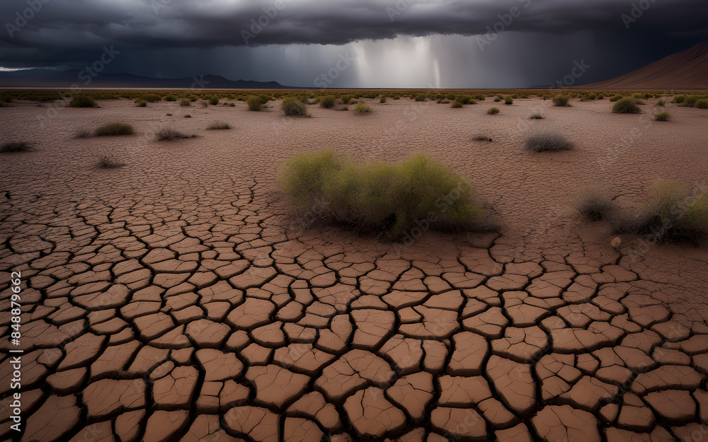 Sudden rainstorm in the a red earth desert, rare droplets on sandy soil ...