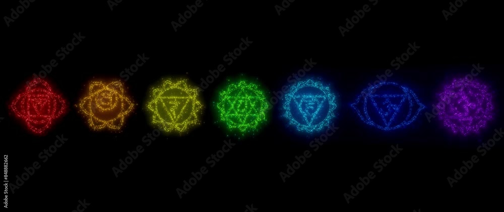cyclic 3D rendering. chakras in esotericism. the glowing particles ...