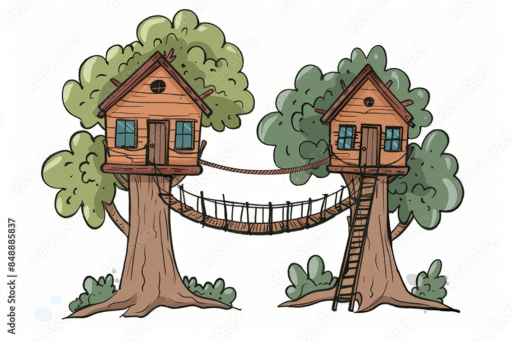 Cartoon cute doodles of a treehouse with a rope bridge connecting to ...