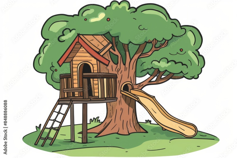 Cartoon cute doodles of a treehouse with a slide and a climbing wall ...