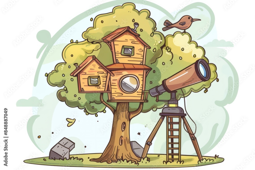 Cartoon cute doodles of a treehouse with a telescope for bird watching ...
