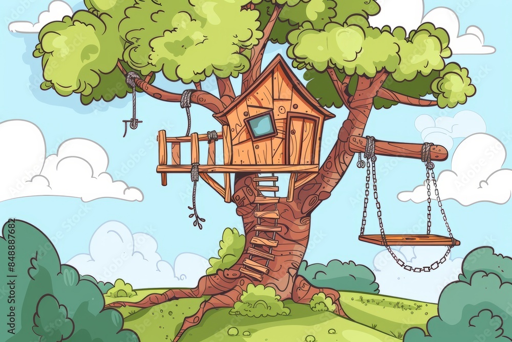 Cartoon cute doodles of a treehouse with a trapdoor and a pulley system ...