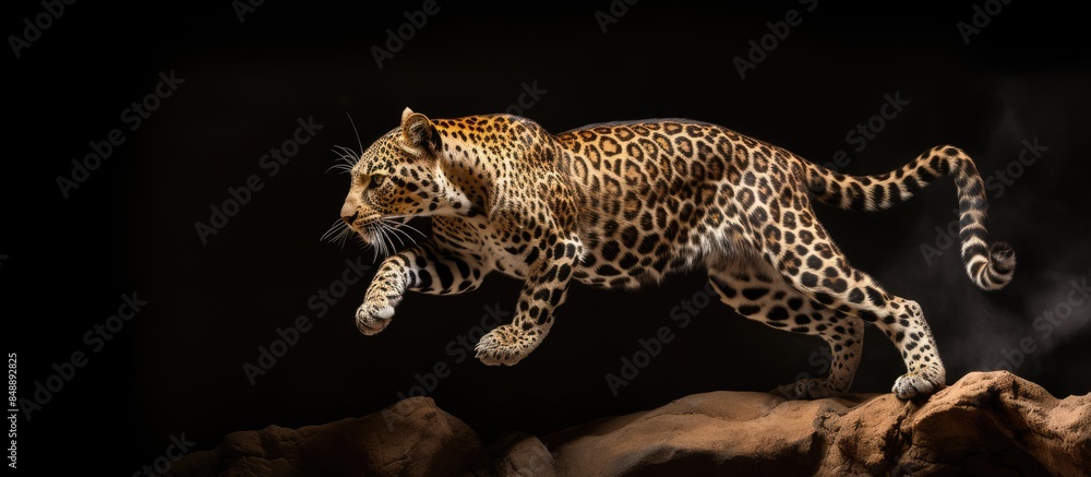Spotted leopard displaying elegant posture with hind legs up and paws ...