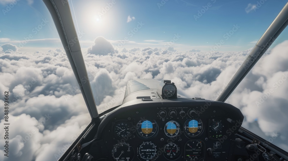 A pilot is view from the cockpit and control panel of an airplane ...