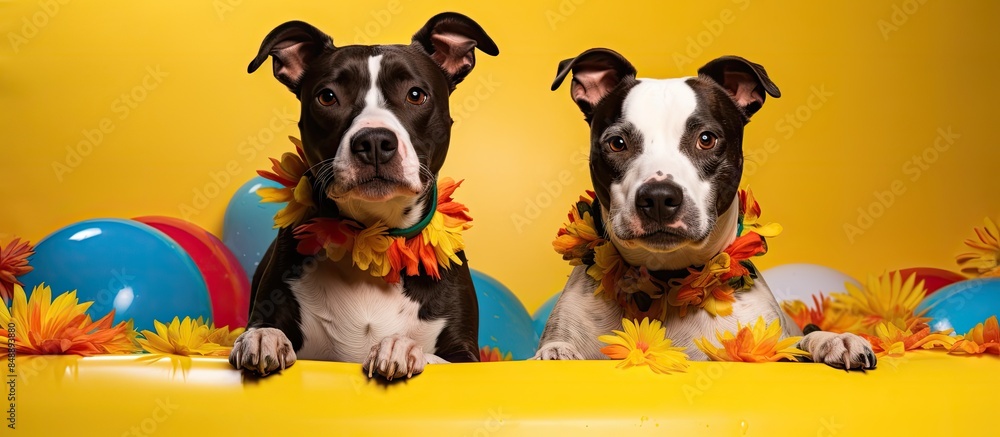 Copy space image of an American Staffordshire terrier and a border ...