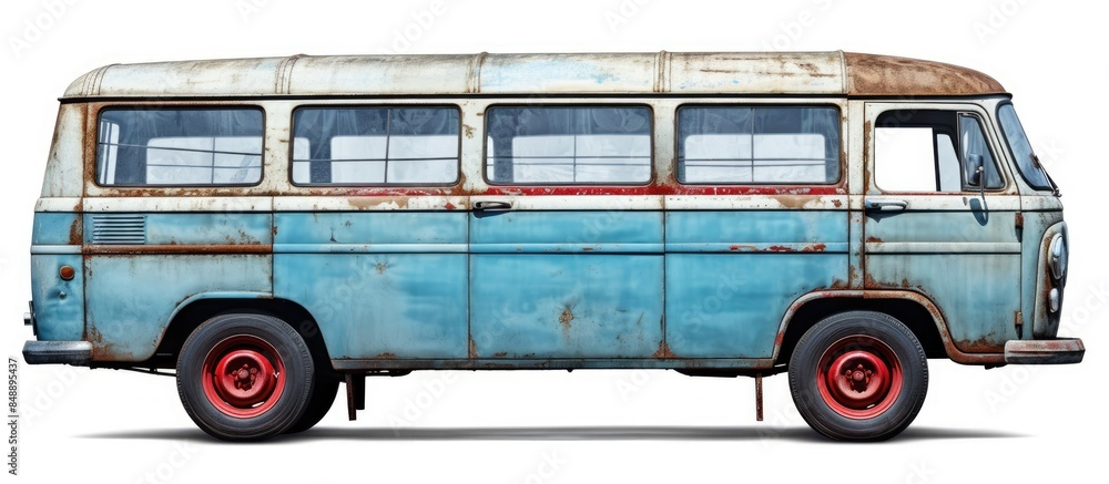 Vintage blue van with red wheels on a white background featuring a ...