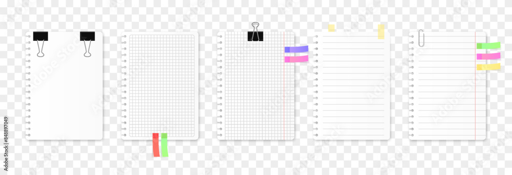 Vector set of notebook sheets png. Notebook sheets with a paper clip ...
