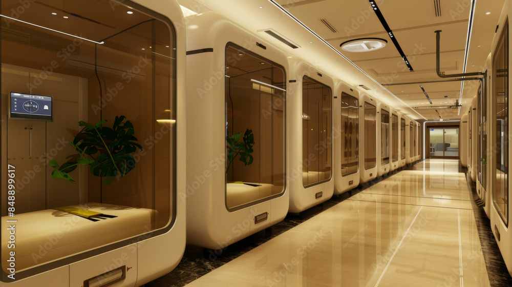 Modern sleeping capsules aligned in a dimly lit corridor, creating an ...