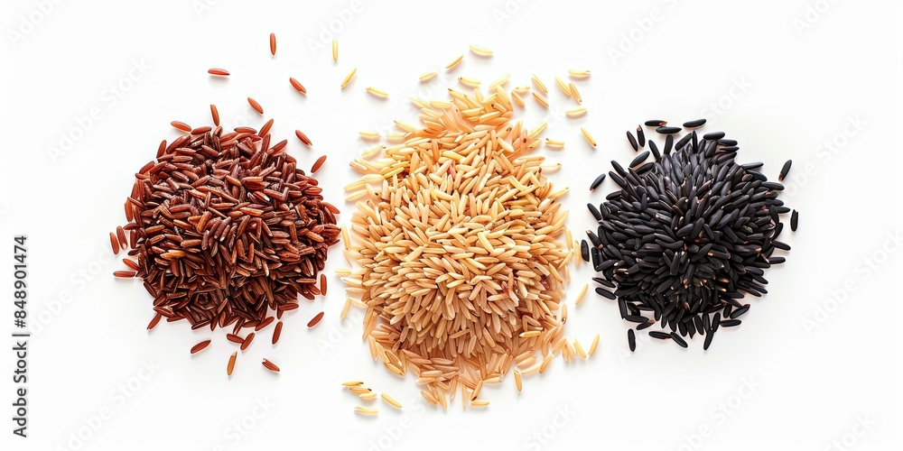 Different types of rice, brown rice, black rice, white rice, assortment ...