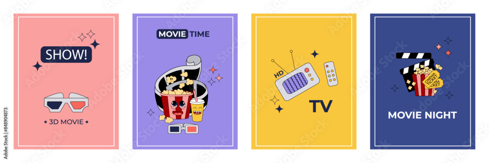 Groovy cinema posters. Set of backgrounds with mascot retro elements ...