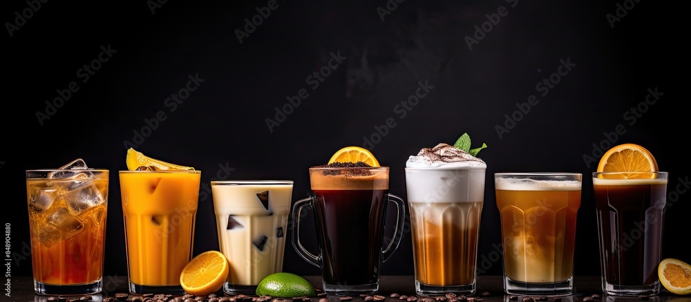 Variety of drinks like latte Americano orange juice and lime tea ...