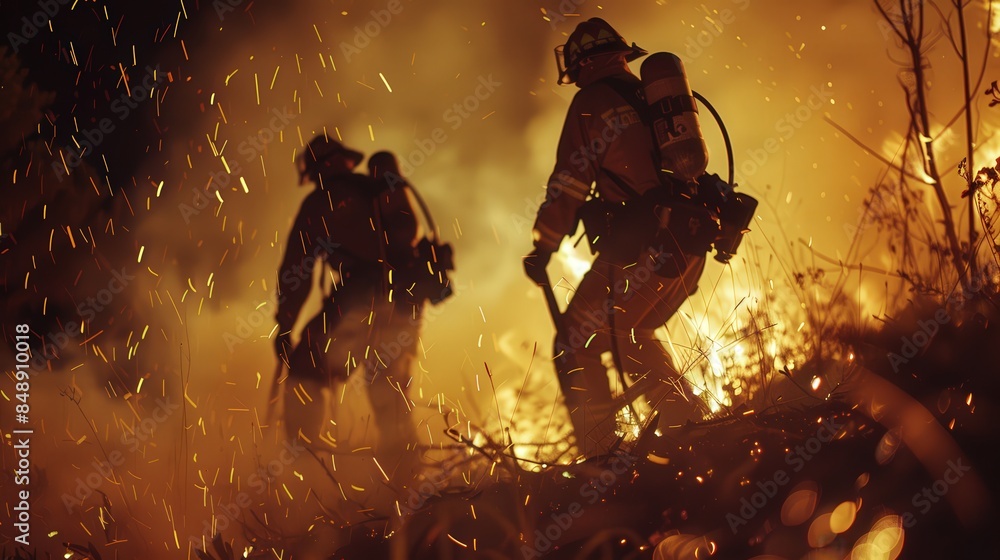 A close-up, action-packed shot captures firefighters battling a raging ...