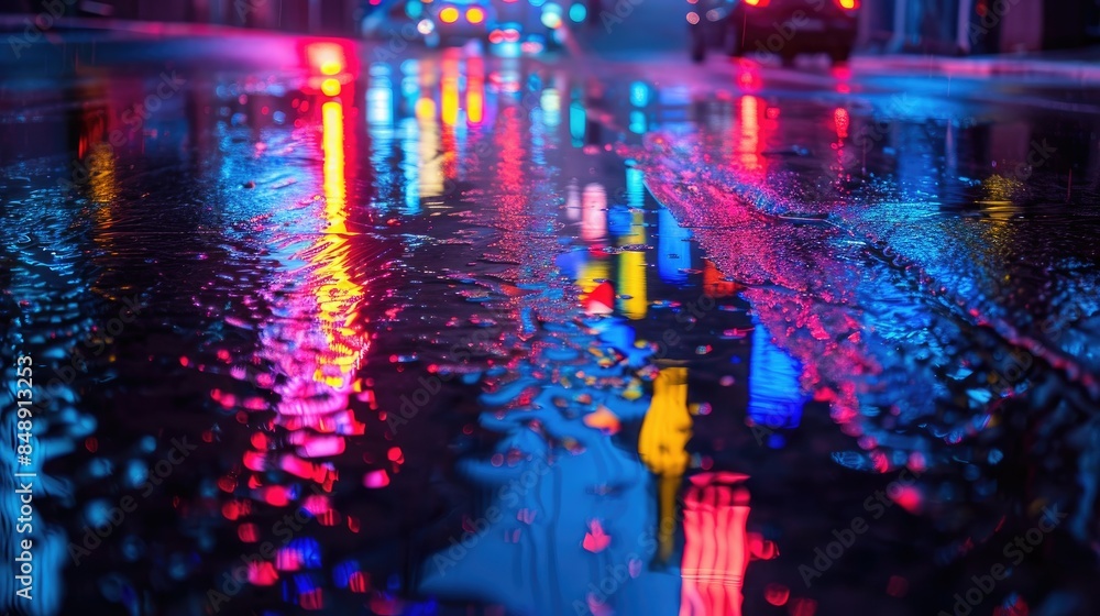 Reflections of neon lights on wet pavement after a rain shower at night ...