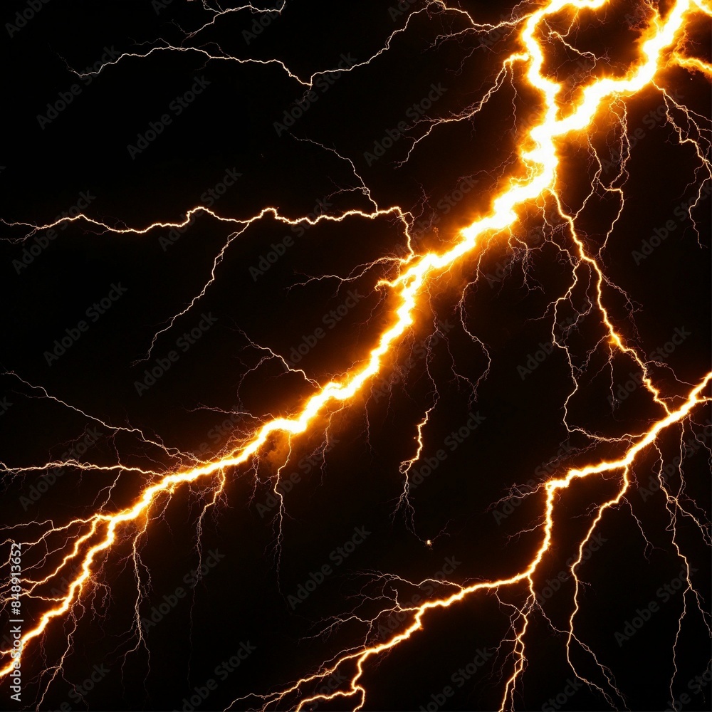 Pure black background, overlay of flashing amber lightning cascading ...
