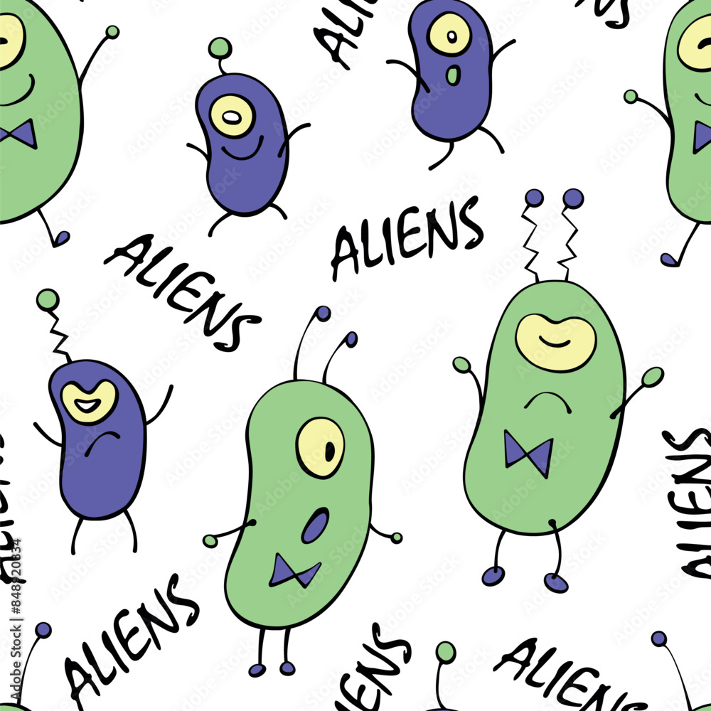Seamless pattern with funny Aliens, inscriptions in doodle flat style ...