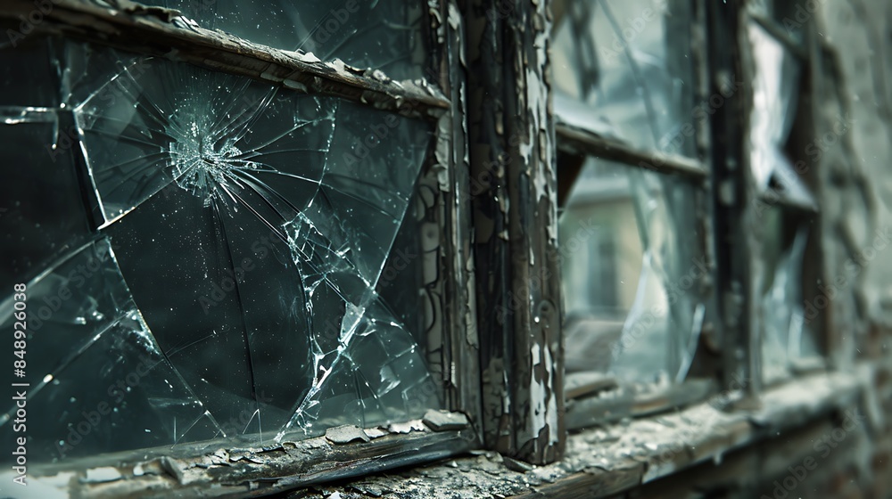 Detailed view of a broken window, sharp edges and splintered glass, the ...