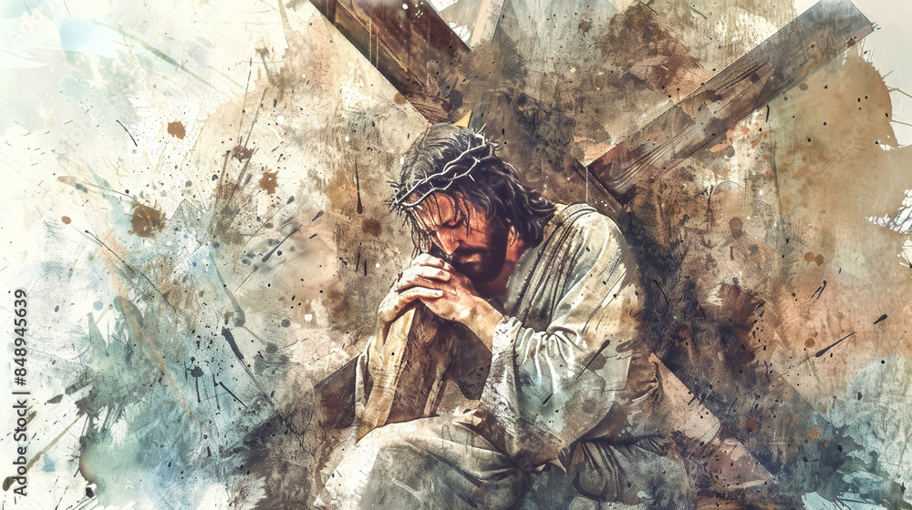This watercolor painting depicts Jesus in prayer, kneeling before the ...